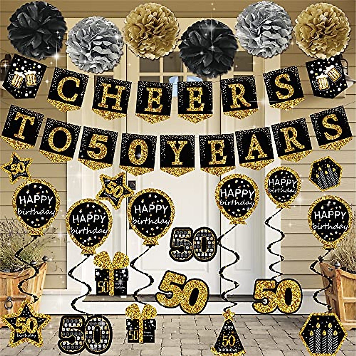50th birthday decorations for men - (21pack) cheers to 50 years black gold glitter banner for women, 6 paper Poms, 6 Hanging Swirl, 7 decorations stickers. 50 Years Old Party Supplies gifts for men