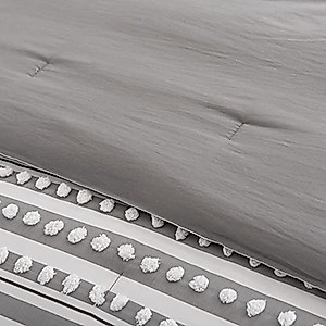 SLEEPBELLA Boho California King Comforter Set, Grey and White Tufted Ball Pom Striped Design, Extra Fluffy Bed Comforter 3pcs （1 Comforter with 2 Pillowcases）