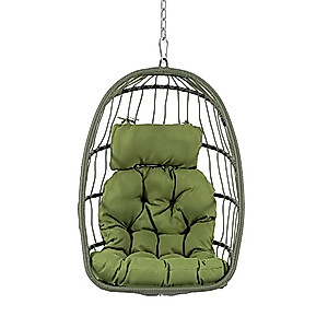 Patiorama Indoor Outdoor Egg Swing - Rattan Hanging Chair w/Cushion, 350lbs Capacity, All Weather Foldable Hammock Chair for Bedroom, Porch (Olive Green)