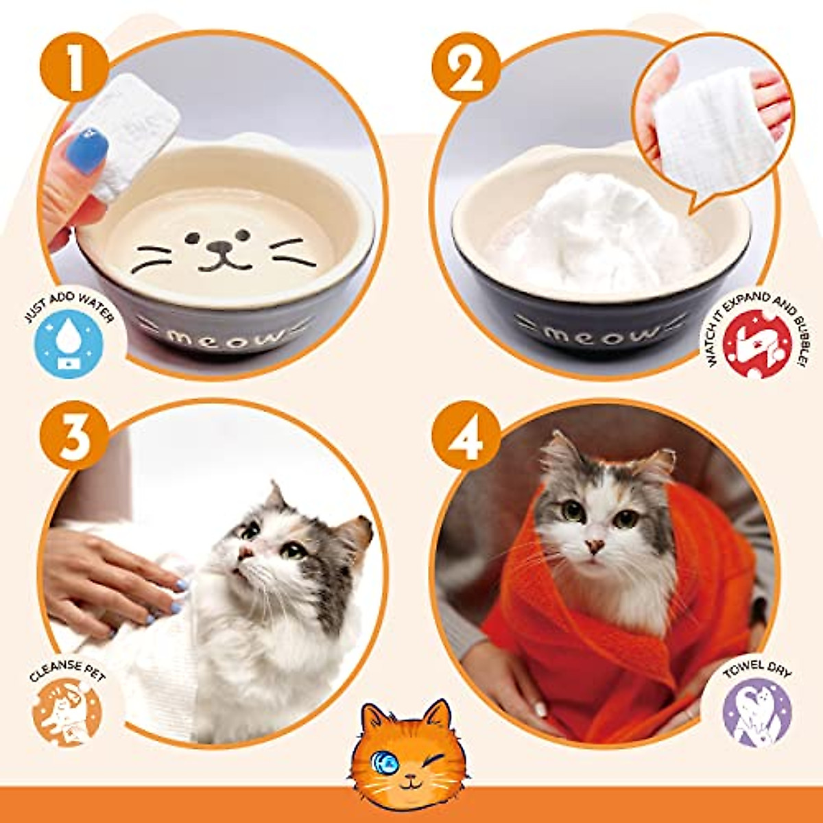 Mr. Tom's Magic Towel - Pet Wipes for Cats - Rinse-Free Compressed Shampoo Towel for Cats and Dogs - Non-Toxic, Re-usable, pH-Balanced, Omega 3 Fish Oil Cat Shampoo - 10 Towel Pieces