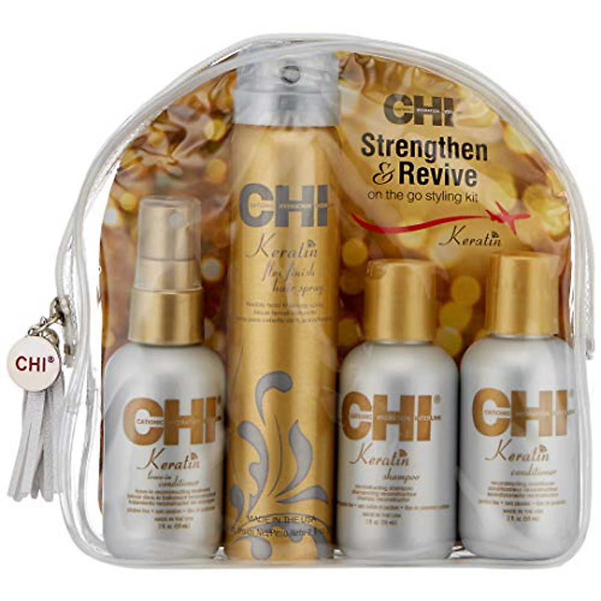 CHI Strengthen and Revive On The Go Styling Kit Unisex 2oz Keratin Shampoo, 2oz Keratin Conditioner, 2oz Keratin Leave-In Conditioner, 2.6oz Keratin Flex Finish Hair Spray 4 Pc