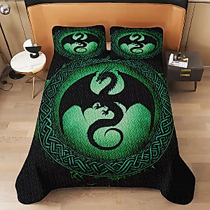 Personalized Dragon Quilt Set Dragon Scale Blue Bedding Set Twin Size Dragon Bedding Dragon Throw 3D Bedding Set Dragon Comforter for Boys Children Teens (Green Black Dragon)