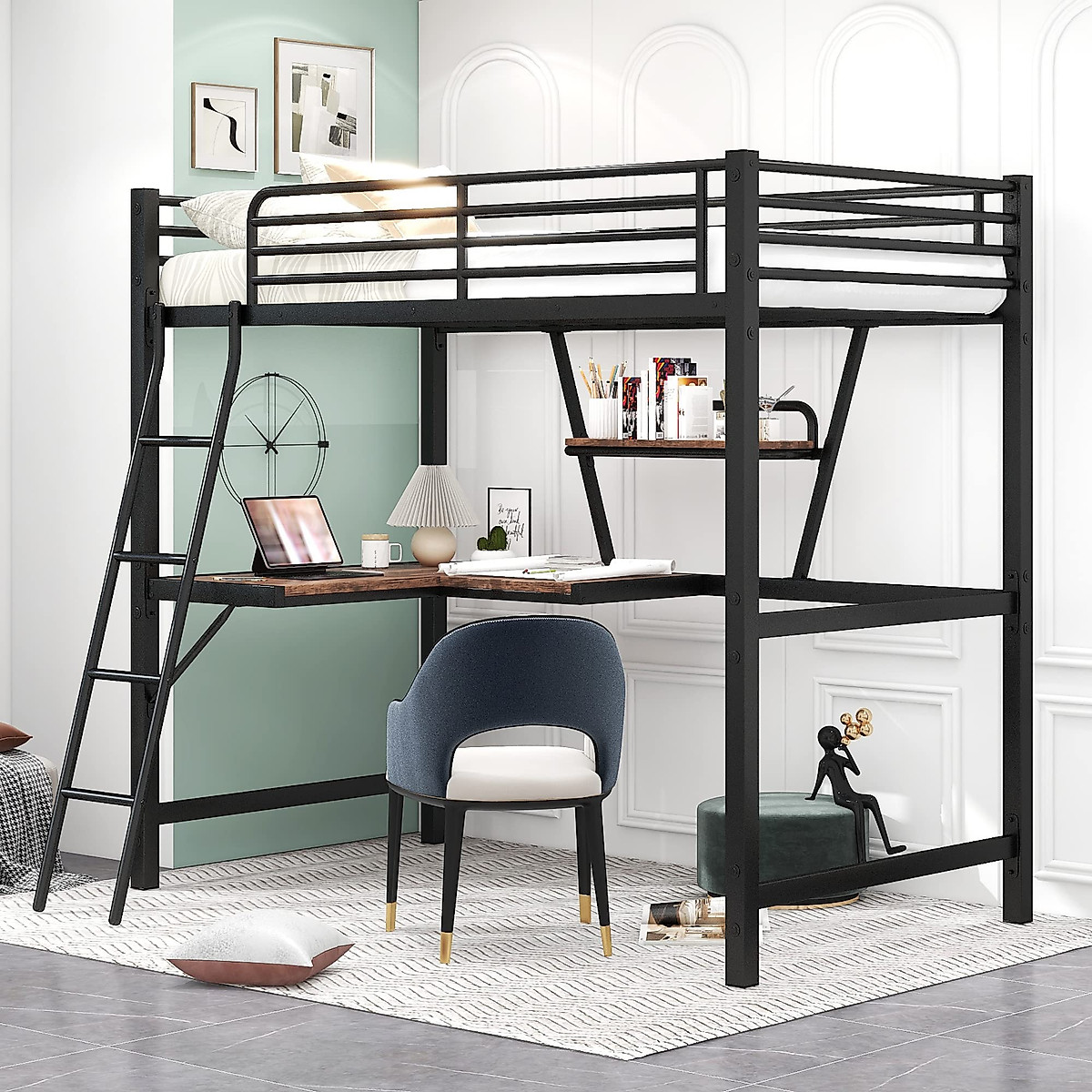 P PURLOVE Metal Loft Bed with Desk Twin Size High Loft Bed with L-Shaped Desk and Shelf and Ladder,No Box Spring Need