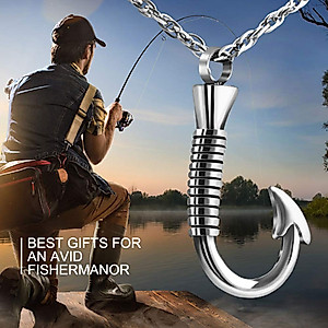abooxiu Fishing Hook Urn Necklace for Ashes Fish Hook Stainless Steel Cremation Jewelry Memorial Pendant Keepsake for Men(Silver)