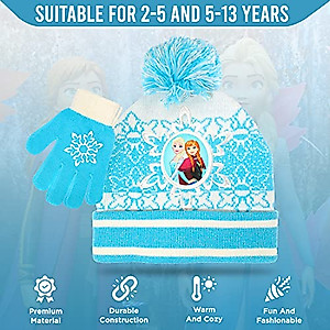 Disney Frozen Girls and Toddler Beanie Hat and Toddler Snow Gloves, Elsa and Anna Kids Toddler Winter Hat with Snow Gloves