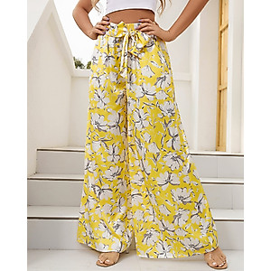 QIANXIZHAN Women's Wide Leg Pants, High Waisted Palazzo Pants Dressy Summer Flowy Casual Lounge Work Dress Pants Trousers Yellow Flower XL