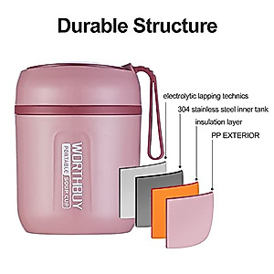 WORTHBUY Leak Proof Thermal Insulated Food Jar with Foldable Spoon, Lunch Containers Soup Cup for Kids and Adult, 16oz Capacity - Pink