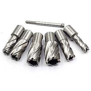 OSCARBIDE Annular Cutter Set 7 Pieces 3/4" Weldon Shank 1"Cutting Depth,1/2 to 1-1/16 inch Diameter,2 Flats Annular Cutters HSS Mag Drill Bits Kit for Magnetic Drill Press with 1 Pieces Pilot Pin