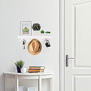 Satauko Wall Mounted Coat Rack Shelf Décor for Photo Ledge Display, Wood Wall Key Holder Hooks Storage, White Floating Shelves Organizer for Entryway, Kitchen, Bathroom.
