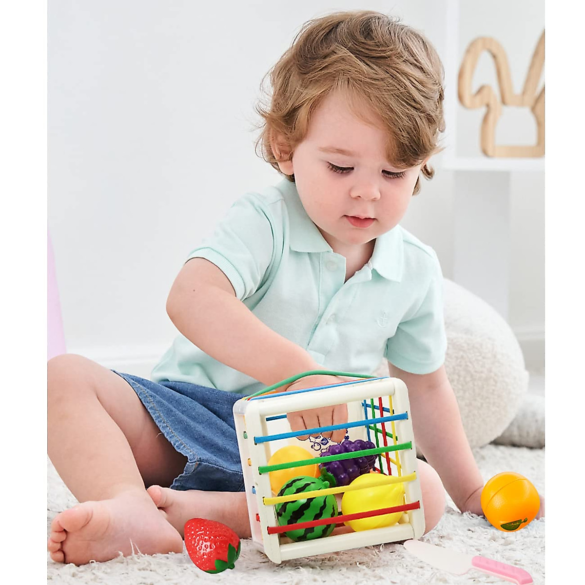 TwKueor Baby Shape Sorting Cube with Kitchen Cutting Fruit Toys, Sensory Bin with Colorful Elastic Rope for Toddlers, Babies and Kids Early Educational Montessori Learning Developmental STEM Toys