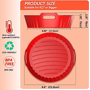 Silicone Air Fryer Liners, 3Pcs 8.6inch Air Fryer Silicone Pot Set Replacement of Parchment Paper Liners Heat Resistant Reusable Air Fryer Silicone Basket Fits 5Qt or Bigger Air Fryers, Black+Red+Blue