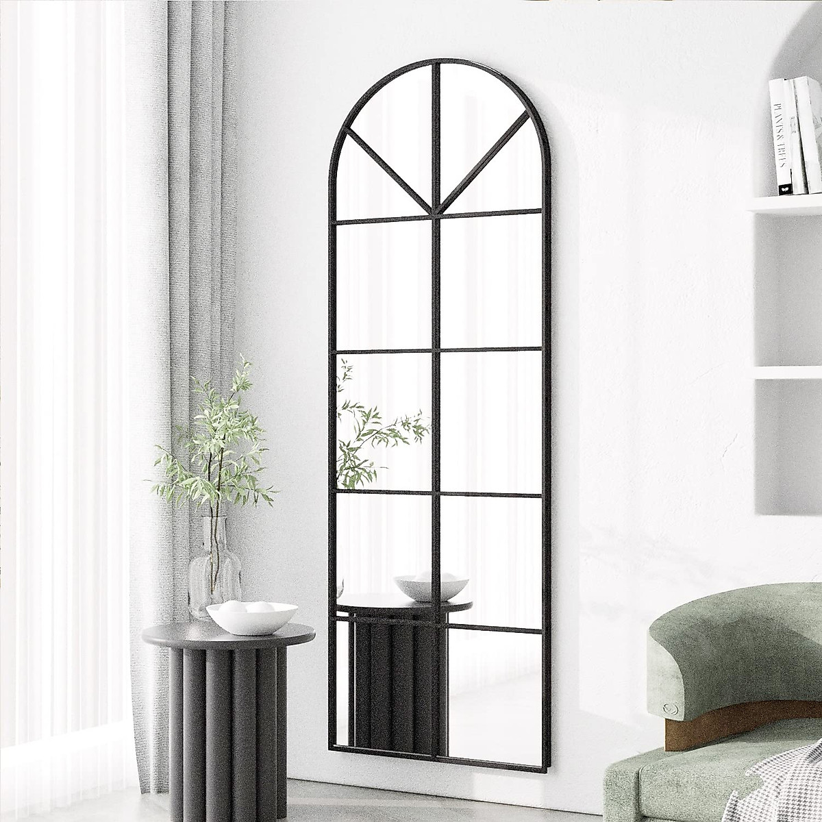 Dewfig Arched Wall Full Length Mirror 22"x65", Black Arched Window Mirror, Vanity Mirror for Bathroom, Bedroom, Entryway, Wall Mirror Full Length with Metal Frame, Arch Top Wall Mirror, Black