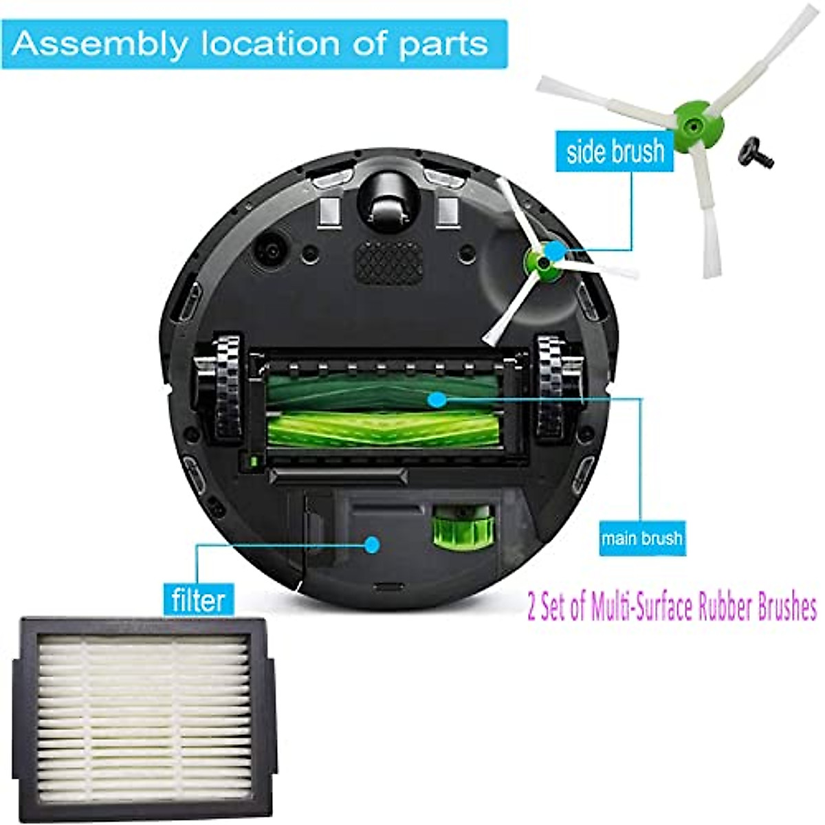 COMUSTER Replacement Parts Compatible for iRobot Roomba E&i&j Series i7 j7 i3 i4 i7+ Plus i3+ i4+ i6 i6+ i8 i8+ E5 E6 j7+ Plus,4Multi-Surface Rubber Brush,6High-Efficiency Filter,6Edge-Sweeping Brush