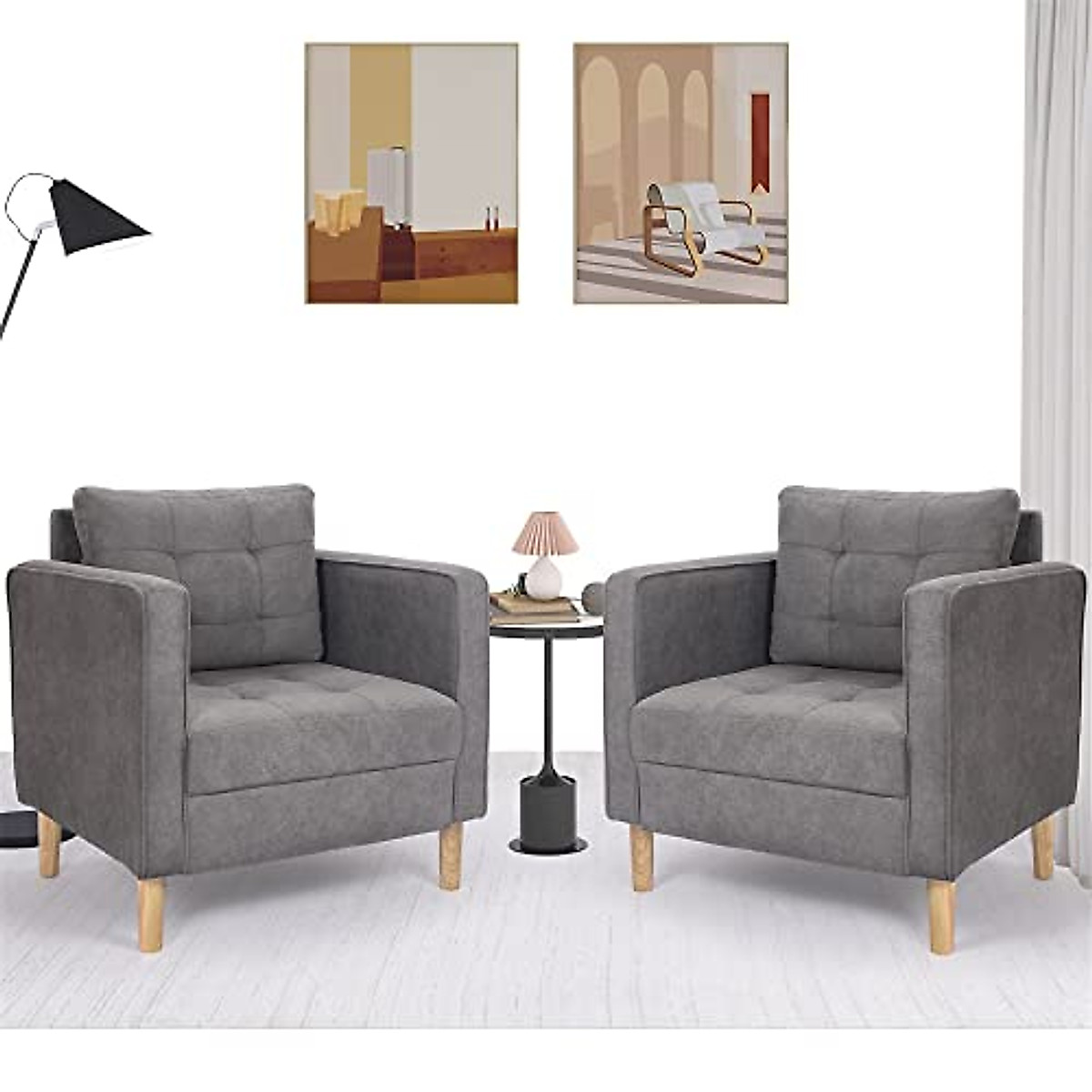 STHOUYN Small Accent Chairs Living Room Chairs Set of 2, Reading Chairs Bedroom Comfy Comfortable Chair, Mid Century Modern Club Chair, Tufted Single Sofa Office Living Room Furniture (2, Grey)