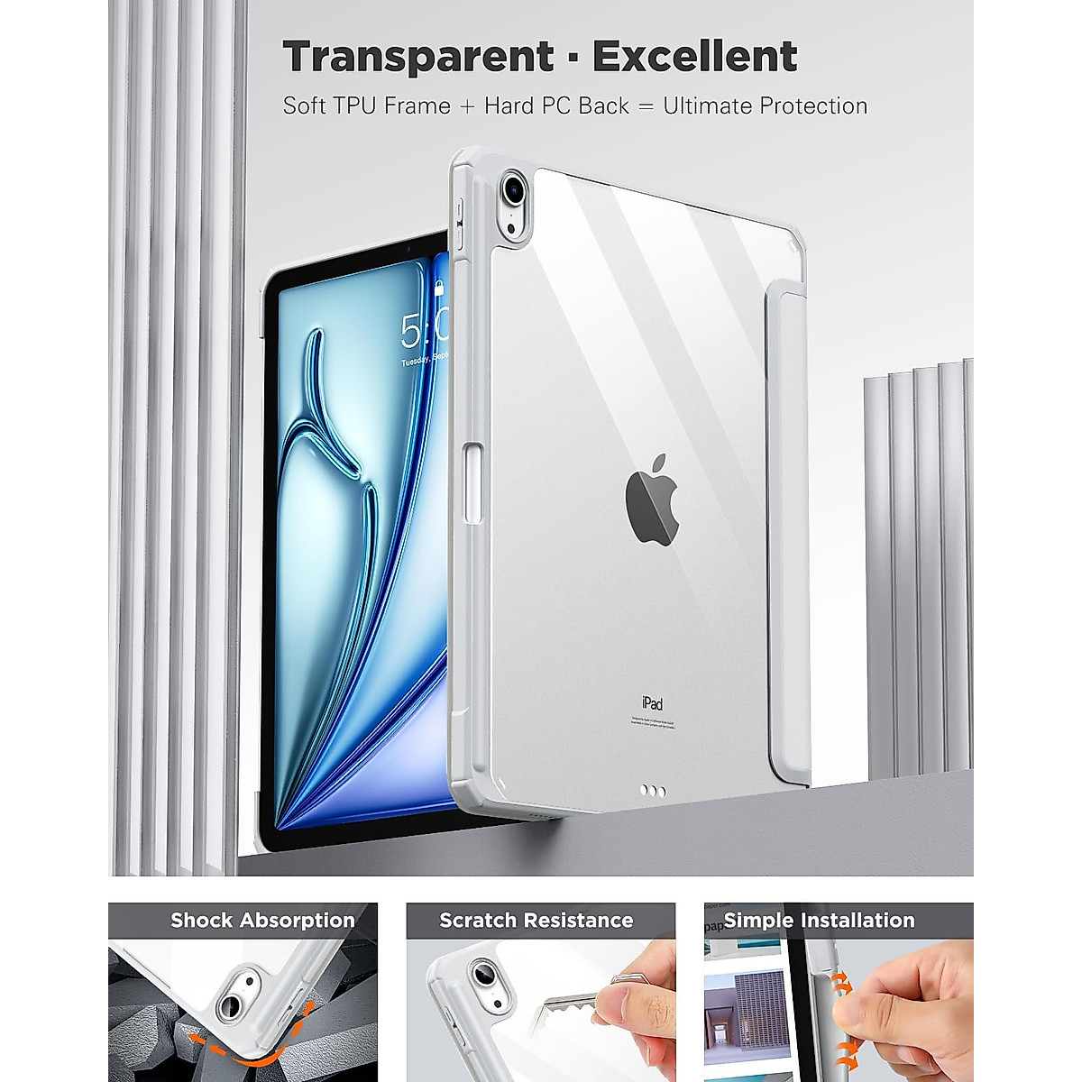 TiMOVO Case for iPad Air 11 Inch M2 2024 with Pencil Holder, iPad Air 6th/5th/4th Generation Case (2024/2022/2020) 10.9 Inch, Slim Stand Protective Cover with Transparent Back Shell, Light Gray(V1)