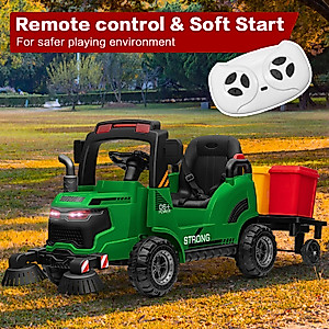 MOLACHI Ride On Street Sweeper Truck,12V Ride on Car w/Remote Control,Electric 360 Degree Rotating Sweeping Brooms，Music,LED Light,Ideal Gift for Kids 3-7 Years Old,Green