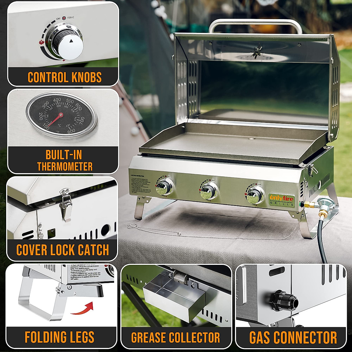 Onlyfire Flat Top Gas Griddle with Foldable Legs, 3-Burner Stainless Steel Propane Gas Grill Griddle, 24” Portable Tabletop Griddle for Outdoor Cooking Camping Tailgating RV, 24000 BTU, GS309