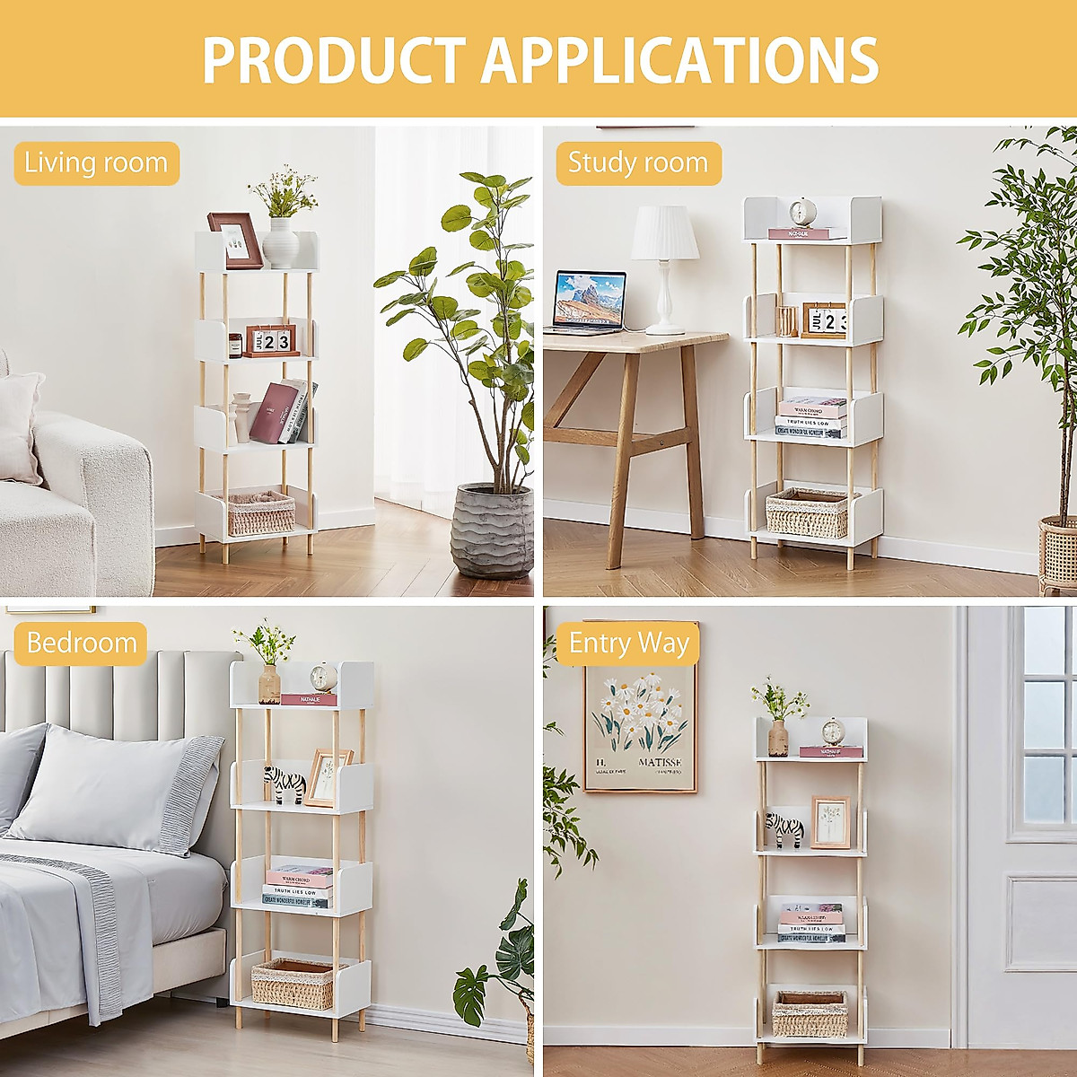 SUNTAGE White Wooden Open Bookcase, Modern Freestanding Bookshelf w/Side Panels, Edge Protection & Solid Wood Frame, Wood Storage Shelves Display Stand for Bedroom, Living Room & Home Office (4 Tier)