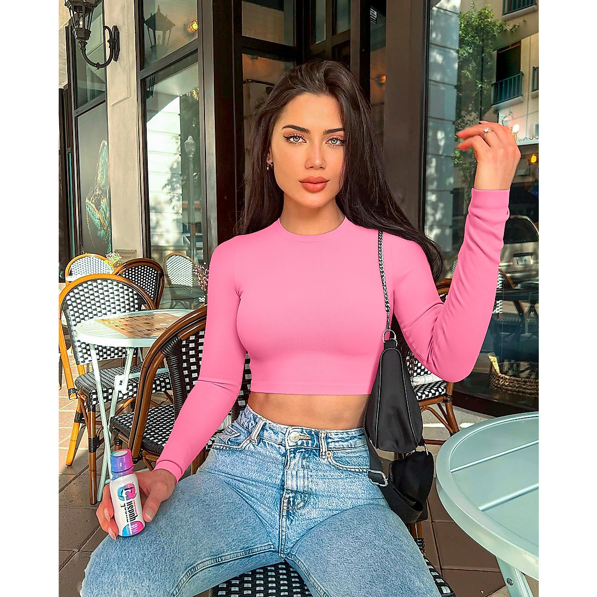 OQQ Women 3 Piece Crop Tops Long Sleeve Crew Neck Stretch Fitted Underscrubs Shirts Crop Tops Black White Candypink