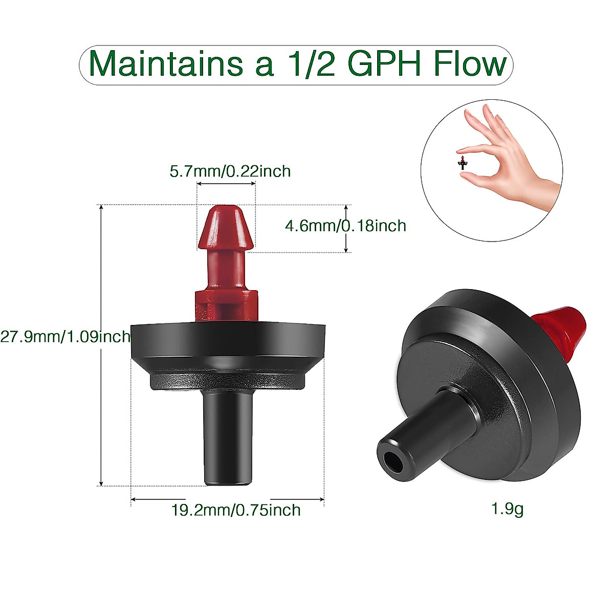 LiquiDrip 1/2 GPH Irrigation Drippers & Drip Emitters Maintain Constant Flow, 1/2 GPH Pressure Compensating Drippers, 1/2 GPH Inline Drippers & Drip Irrigation Emitters, 50 Per Bag, Red/Black