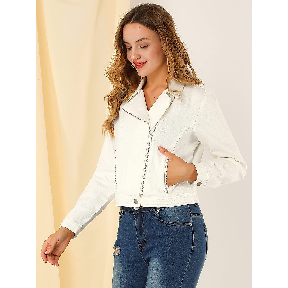 Allegra K Women Biker Notched Lapel Asymmetric Zip Moto Denim Jackets Small White