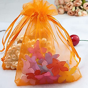 UBGBHO Pack of 100 Organza Gift Bags 5x7 Inch Orange Drawstring for Baby Shower,Christmas,Birthday,Party Favors,Wedding,Room Decor Sheer Fabric Cute Presents Pull String Sachet for Jewelry,Cookie,Coin