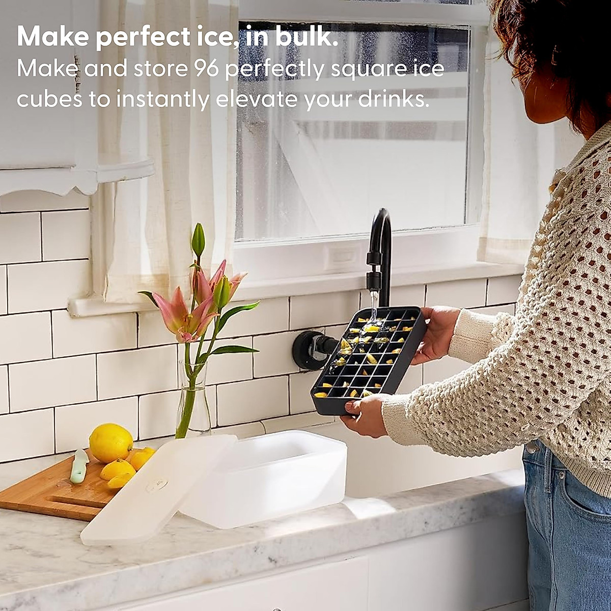 W&P Ice Box Silicone Ice Cube Tray with Lid & Bin, Holds 96 Cubes, Easy Release, Space-Saving Stackable Design, Dishwasher Safe, Cream, Large