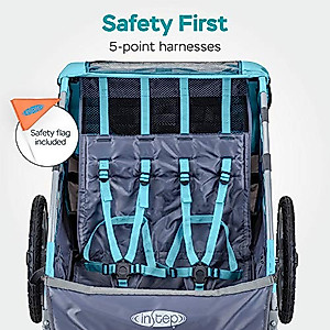 InStep Sync Kids Bike Trailer, Tow Behind Child Carrier, Foldable and Compact, Easy Storage, Bug Screen and Weather Shield Canopy, Safety Flag, 16-Inch Wheels, Double Seat, Light Blue