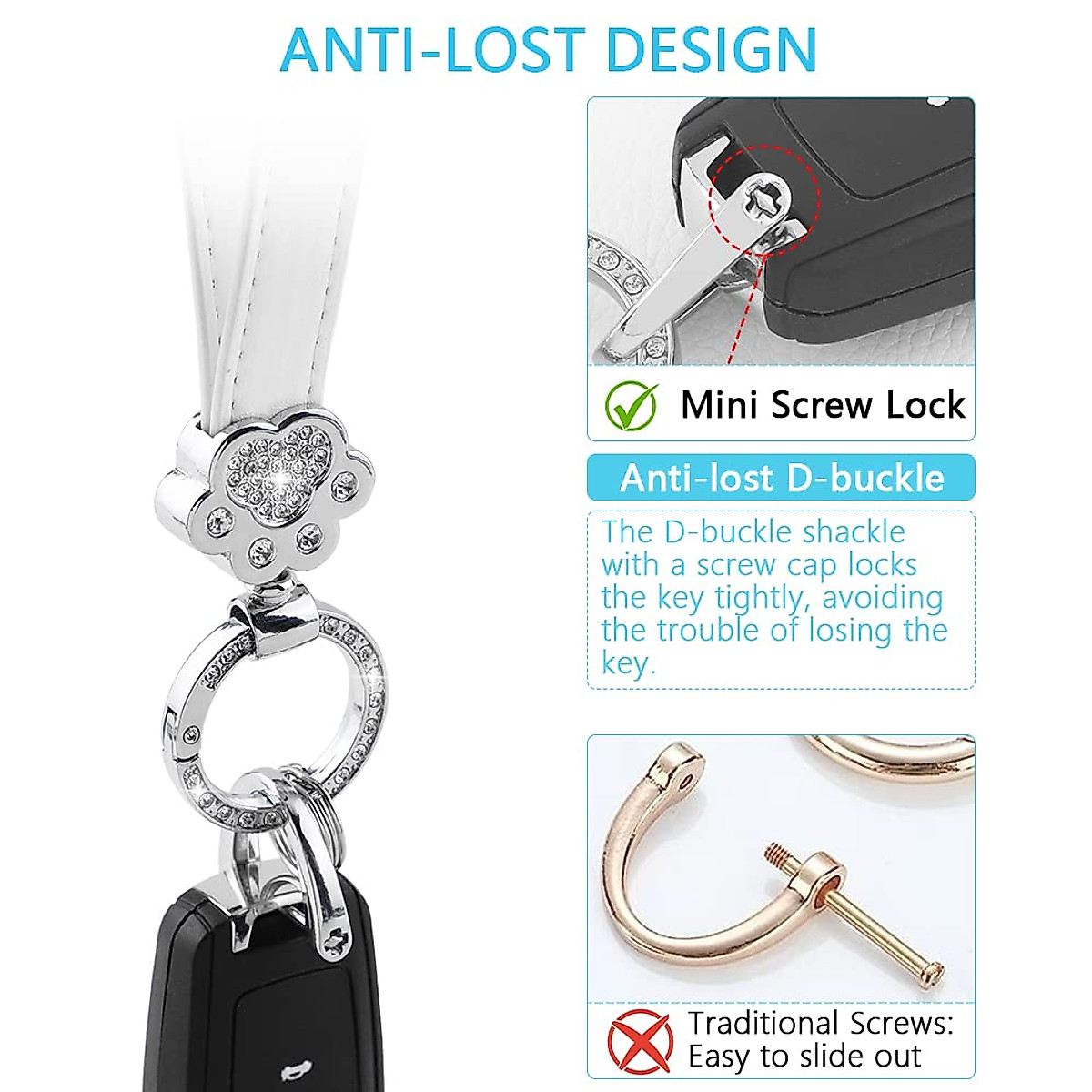 UHONSN Bling Leather Car Keychain Cute Cat Paw Keychains for Women Girl Anti-Lost Car Key Fob Key Chain Holder for Men Sparkly Rhinestones Zinc Alloy Keyrings White