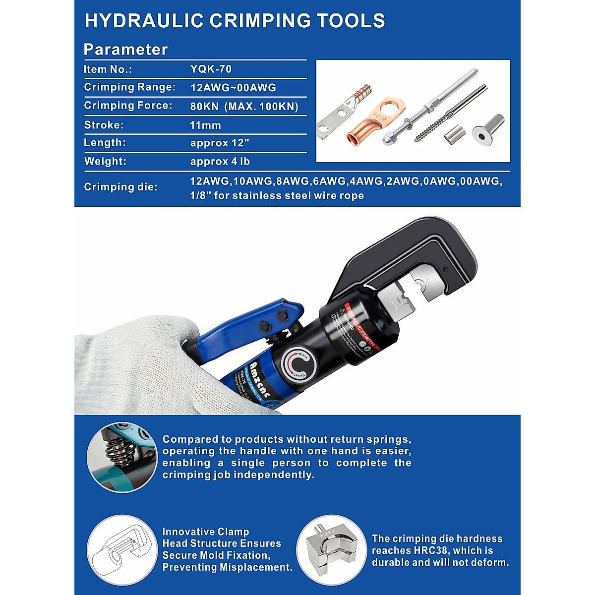 AMZCNC Hydraulic Crimping Tool and Cable Cutter Hydraulic Cable Lug Crimper 8 US TON 12 AWG to 00 (2/0) Electrical Terminal Cable Wire Tool Kit with 9 Die