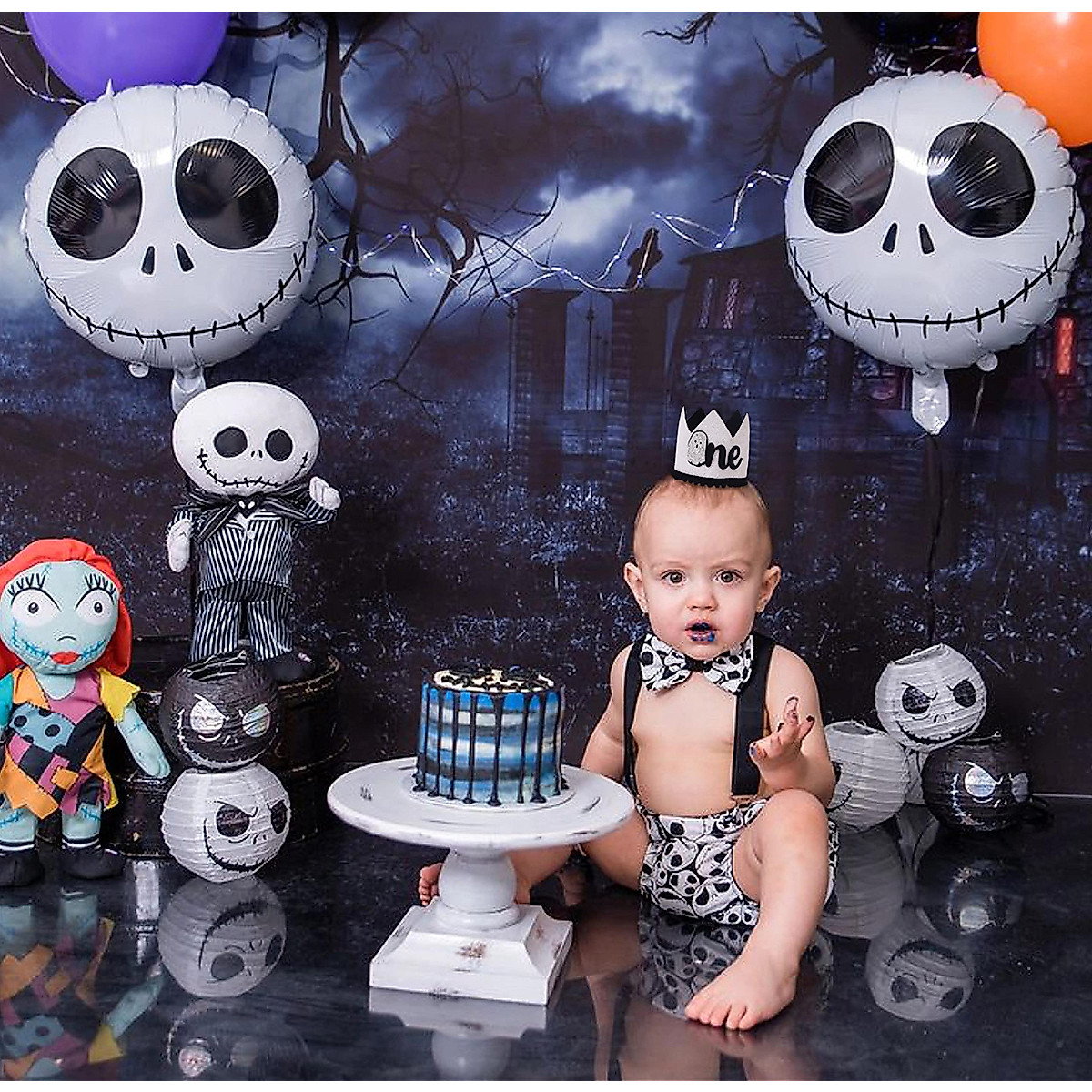 ZZDCMS Halloween First Birthday Decorations - Baby Shower Headband, Hat, Ghost Crown, Photo Booth Props and Cake Smash Backdrop