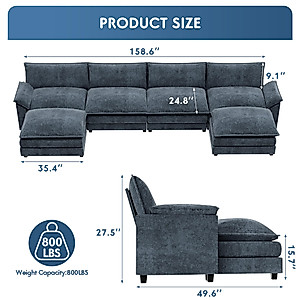 YESHOMY Sectional Modular Sofa U Shaped Chenille Fabric Couch with High Supportive & Soft Sponges and Removable Ottoman, Sleeper Comfy Upholstered Furniture for Living Room, Blue