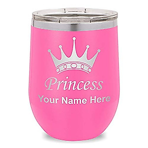 SkunkWerkz Wine Glass Tumbler, Princess Crown, Personalized Engraving Included (Pink)