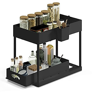 Under Sink Organizers and Storage | Bathroom Cabinet Organizer, Sink Shelf with Utility Hooks and Side Caddy for Under Cabinet Storage |Black (1-Pack) Under Kitchen Sink Organizer with Sliding Drawer