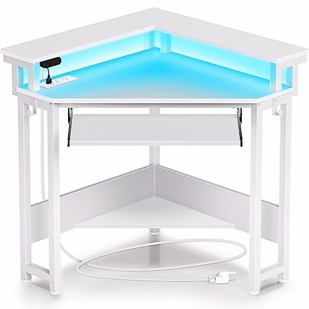Rolanstar Corner Desk, 44.5"W x 34.5"H Small Computer Desk with Power Outlets & LED Lights, Triangle corner computer desk with Keyboard Tray & Monitor Stand for Small Space, Small Office Desk, White