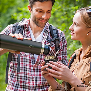 BALIBETOV Complete Yerba Mate Set - Modern Mate Gourd, Thermos, Bombilla and Cleaning Brush Included - All Premium Quality 304 18/8 Stainless Steel (Full Black)