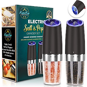 Electric Gravity Salt and Pepper Grinder set of 2, Automatic Salt and Pepper Mill Grinder, Adjustable Roughness, Battery Powered, Blue LED Light, Stainless Steel with One Hand Operation (Black)