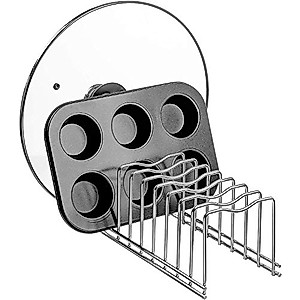 SANNO Pot Lid Holder Organizer, Rack Holder Rest Storage, for Pot Lids, Plates, Cutting Boards, Bakeware, Cooling Rack, Serving Trays, Total 8 Compartments, Stainless Steel