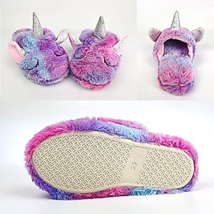 Kids Unicorn Slippers with Rubber Soles for Boys Girls Home Plush Shoes Indoor Anti Slip Cute Warm Purple X24
