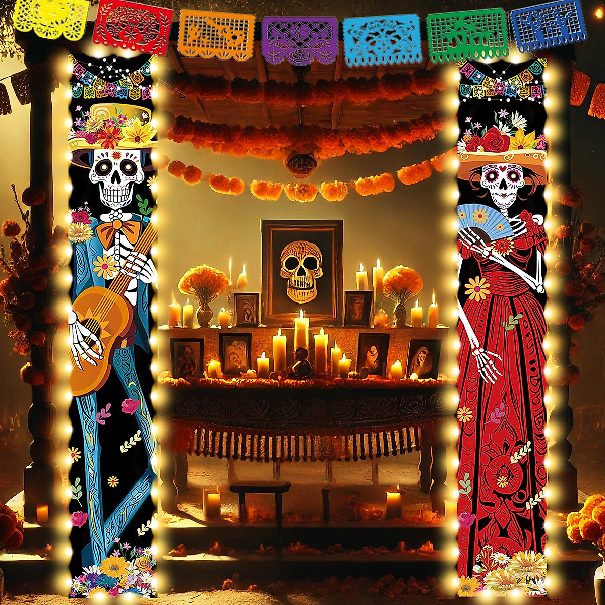 Aovaely LED Day of The Dead Sign Banners Decorations, Light Up Sugar Skull Dia De Los Muertos Altar Decorations for Halloween Day of The Dead Party Outdoor Indoor Home Decor Supplies 71x12 Inches