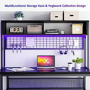 Unikito U Shaped Desk with Hutch, Reversible L Shaped Computer Desk with Power Outlets and LED Strip, Large Office Table with Monitor Stand and Storage Shelves, 83 Inch U Shape Gaming Desk, Black