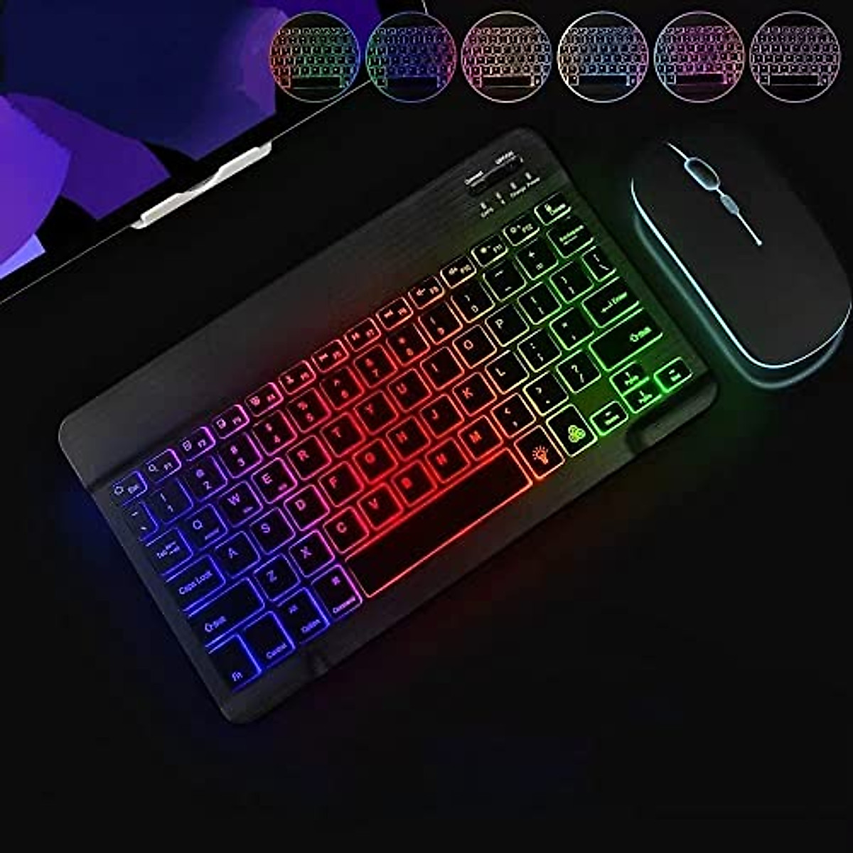 Bluetooth Keyboard and Mouse Combo for iPad - Rechargeable Wireless Keyboard & Mouse with 7-Color Backlit Compatible with iPad 9th/8th Gen, iPad Pro/Air/Mini, iPhone14/13/12 Pro, Black