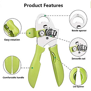 Can Opener, Can Openers Hand Held, 4 in 1 Smooth Edge Hand Held Bottle Opener, Professional Heavy Duty Beer Can Opener Ultra Sharp Food Safe Jar Opener Multifunctional Tin Opener with Easy Turn Knob