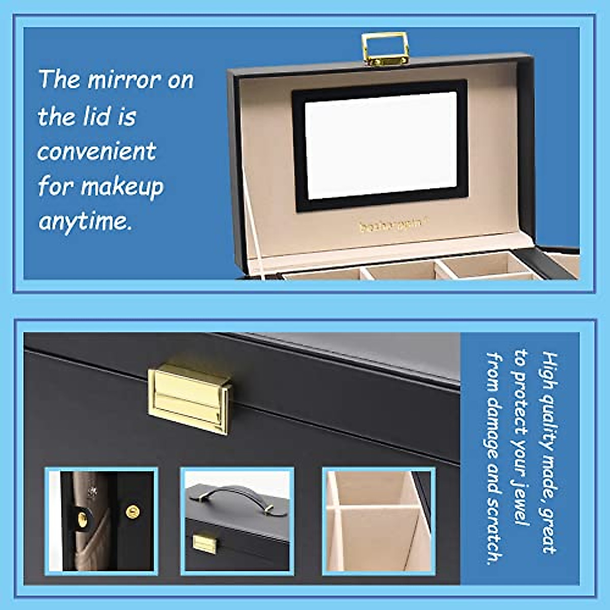 01 besharppin Jewelry Box, 3 Layers Jewelry Organizer with Mirror and Small Portable Case for Earrings Rings Necklaces Bracelet Storage (Black)