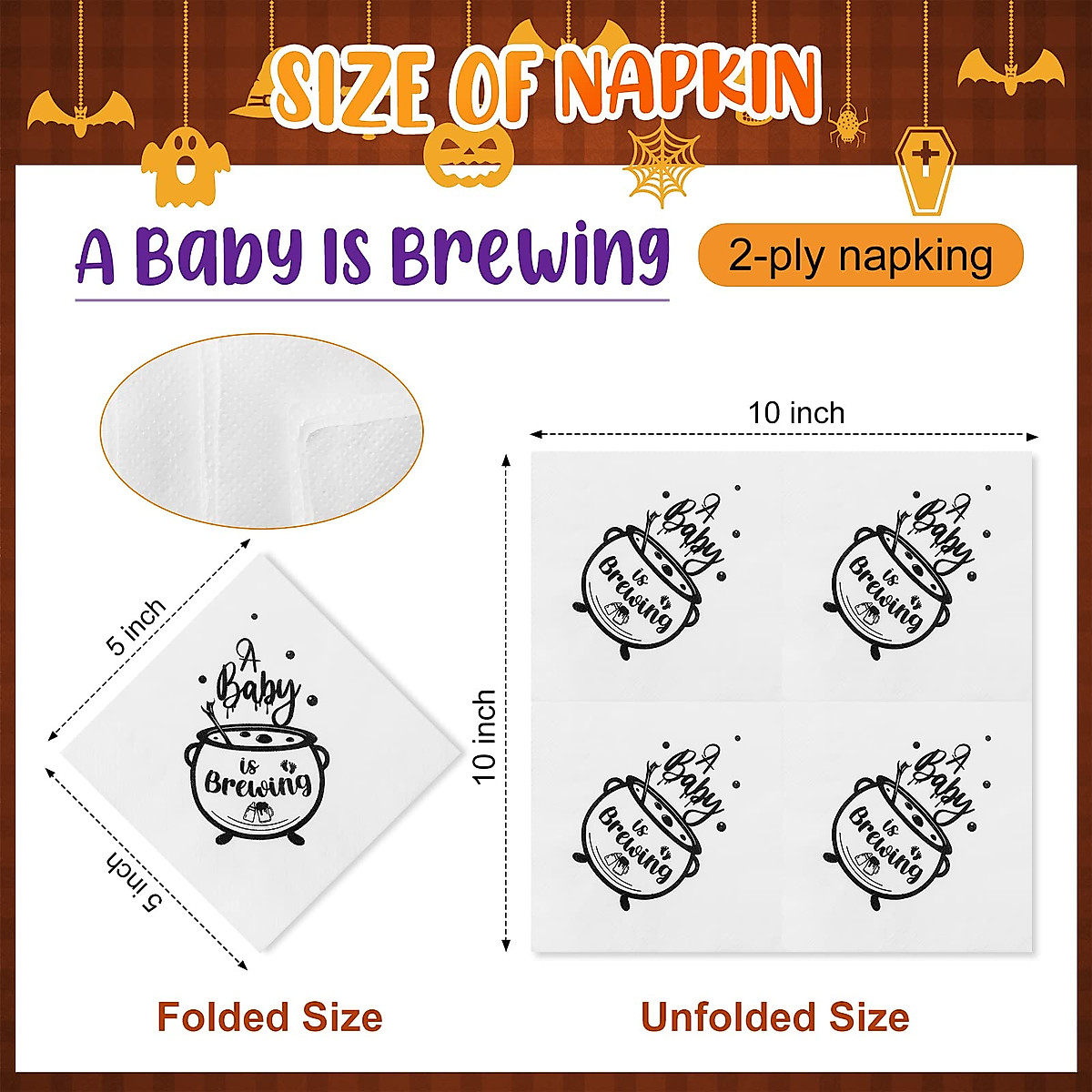 Halloween Baby Shower Napkins, A Baby is Brewing Baby Shower Decorations Halloween Baby Napkins Shower Gender Reveal Party Decorations Halloween Baby Shower Disposable Napkins 5 x 5 In (100 Pcs)