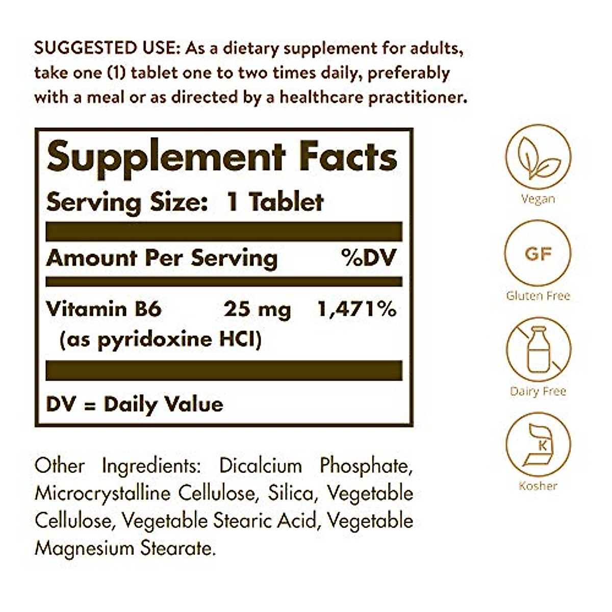 Solgar Vitamin B6 25 mg, 100 Tablets - Supports Energy Metabolism, Heart Health & Healthy Nervous System - B Complex Supplement - Vegan, Gluten Free, Dairy Free, Kosher - 100 Servings