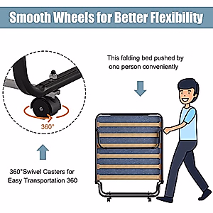 Giantex Folding Bed with 3" Mattress for Adults, Made in Italy, Rolling Foldaway Guest Bed, Memory Foam Mattress, Sturdy Metal Frame, Cot Size Portable Foldable Hideaway Bed, Easy to Store (Blue)