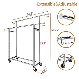 Simple Trending Double Rod Clothing Garment Rack, Rolling Clothes Organizer on Wheels for Hanging Clothes,with 4 hooks, Chrome