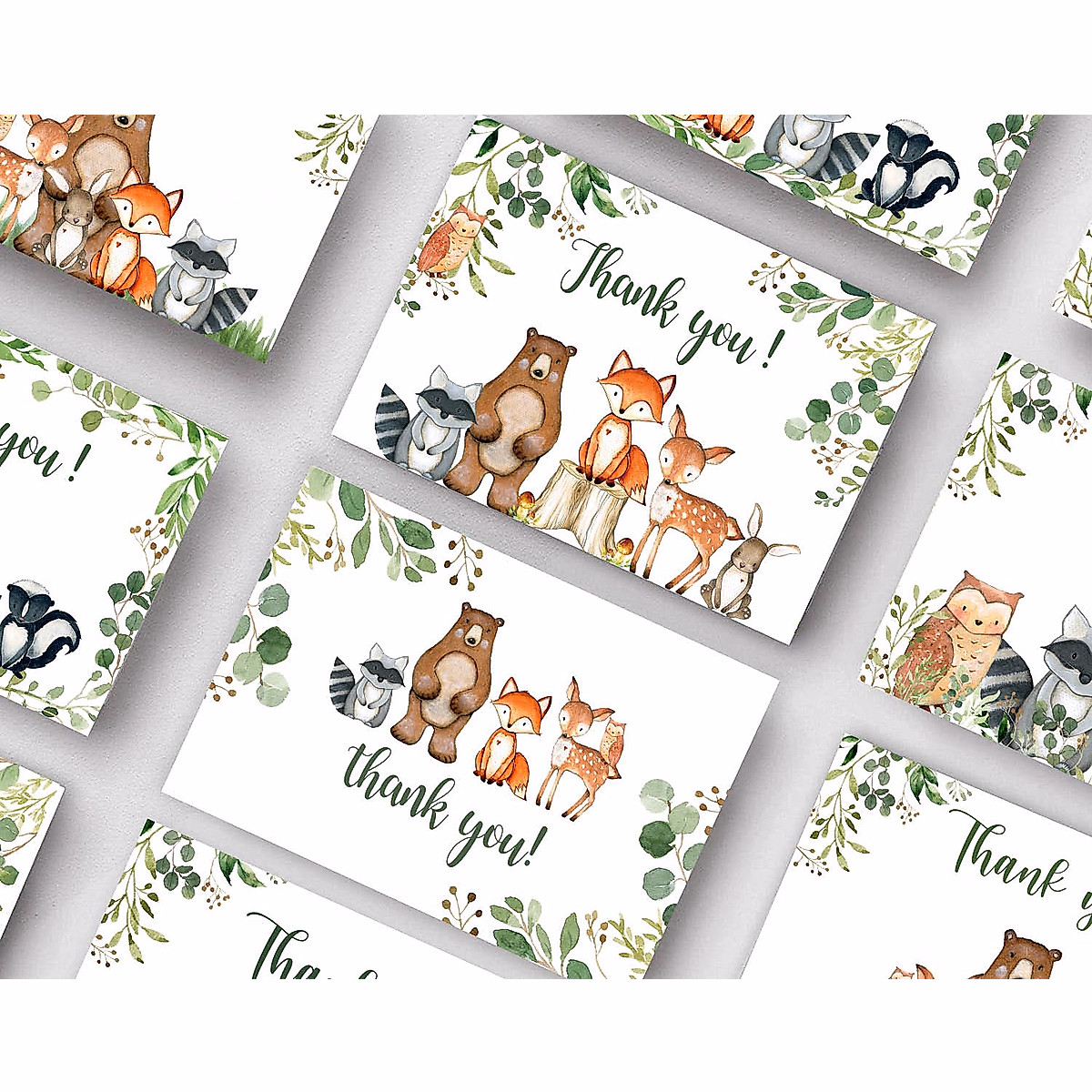 50 Woodland Thank You Cards, 4x6" Forest Animals Greenery Thank You Notes with Matching Green Envelopes & Stickers, Woodland Creatures Notecards Perfect for Woodland Baby Shower and Birthday Party