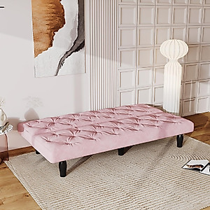 Convertible Velvet Sofa Bed Futon with Wooden Legs, Folding Sofa Bed, Loveseat Sleeper, Sofabed Suitable for Family Living Room, Apartment, Bedroom, Compact Living Spaces, Office Dorms (Pink)